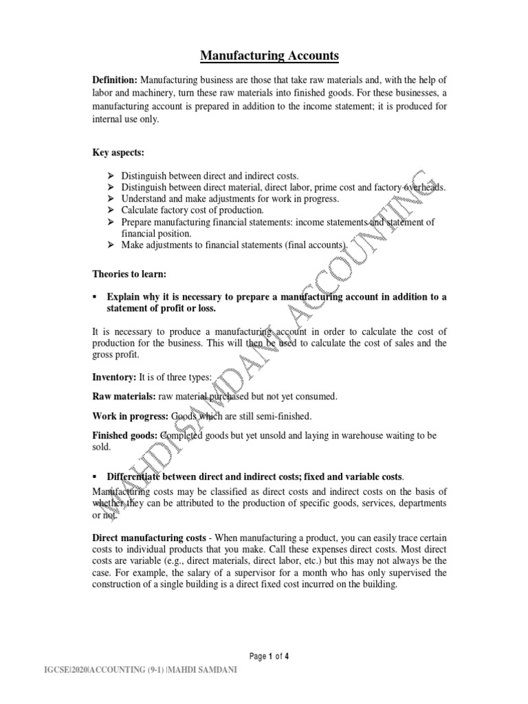 Manufacturing Accounts: Igcse - 2020 - Accounting (9-1) - Mahdi Samdani ...