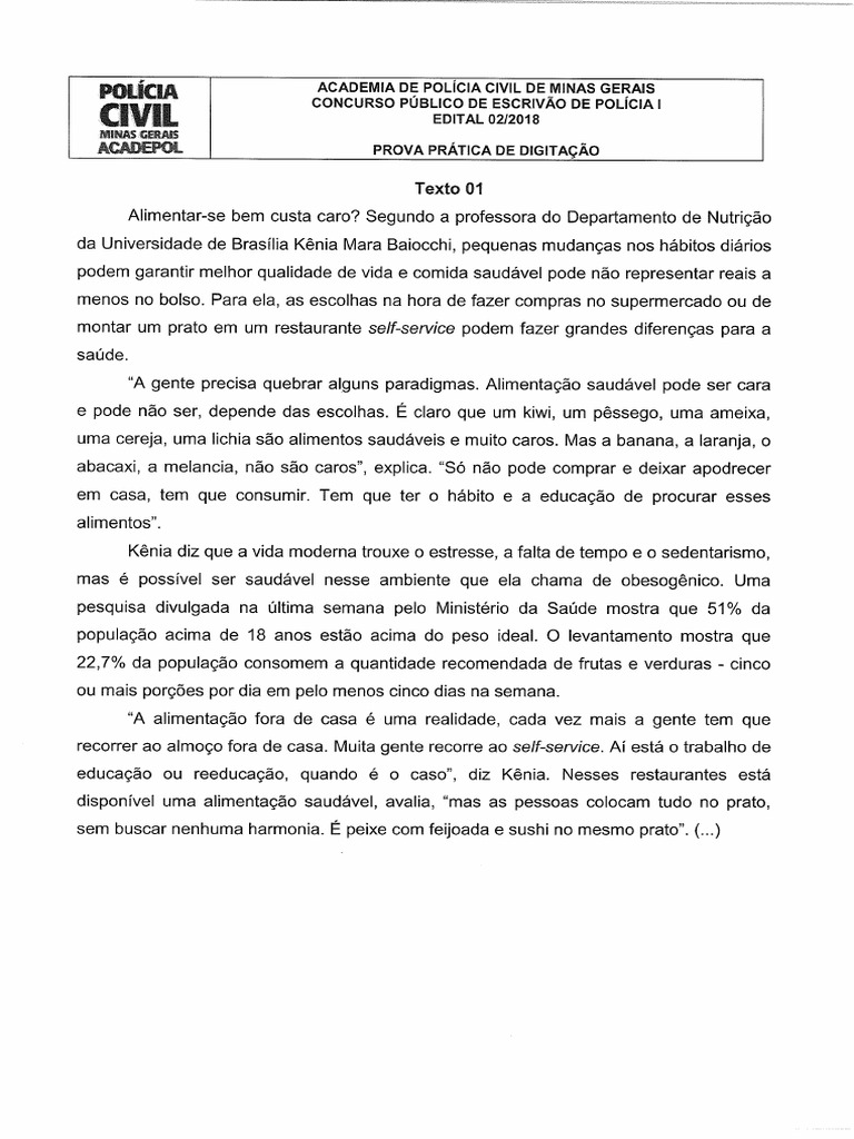 Textos Prova Digitacao Conc. Pub Escrivao de Policia 2019 | PDF