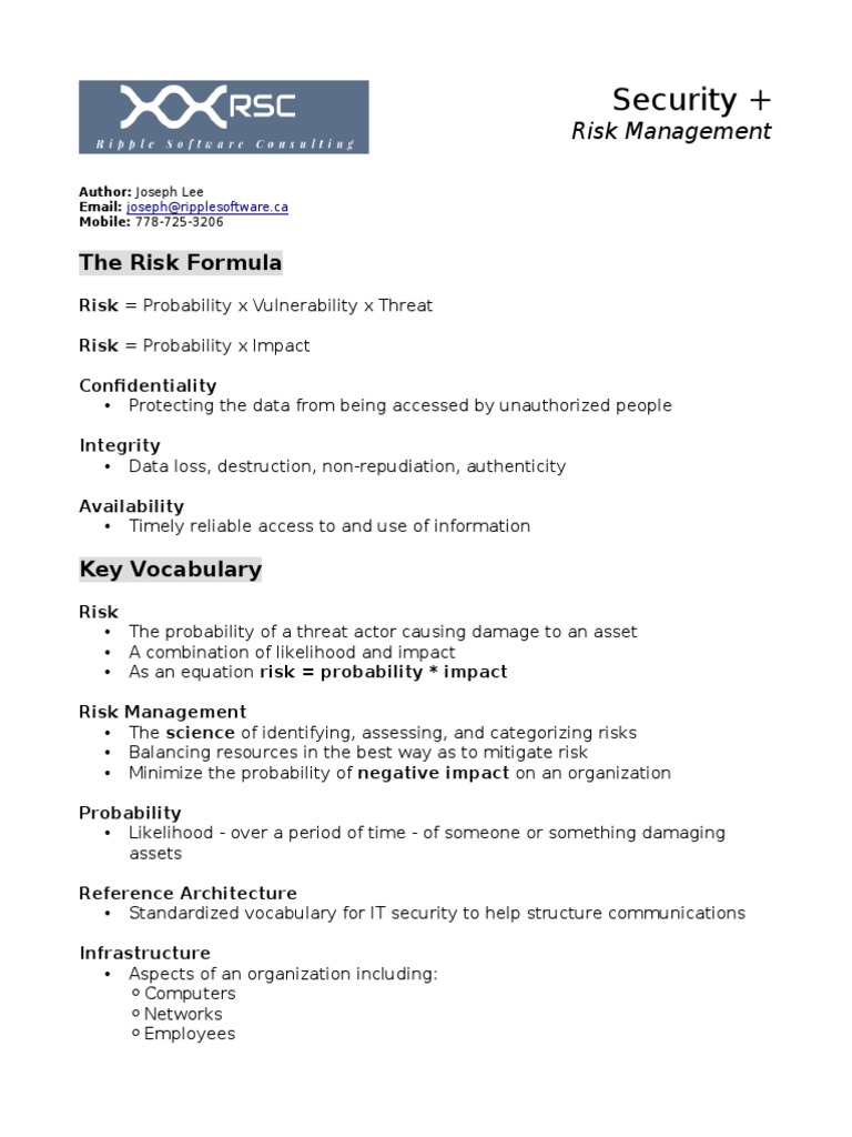 Security +: The Risk Formula | PDF | Vulnerability (Computing) | Threat ...