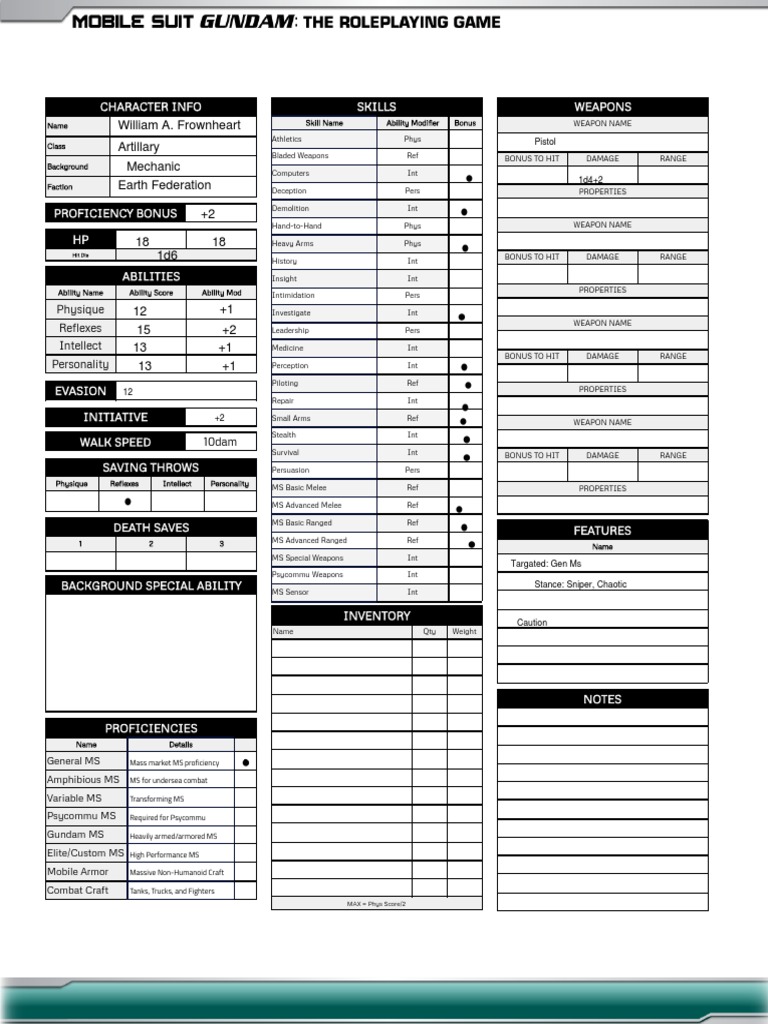 Gundam 5e - Character Sheet | PDF | Tanks | Military