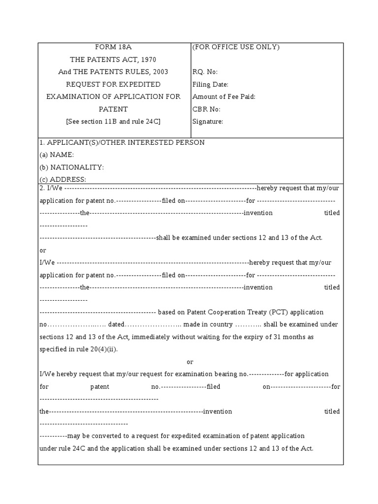 India Patent Form 18A | Download Free PDF | Property Law | Business Law