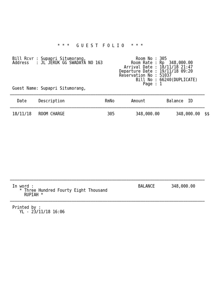 Hotel Guest Folio Example | PDF