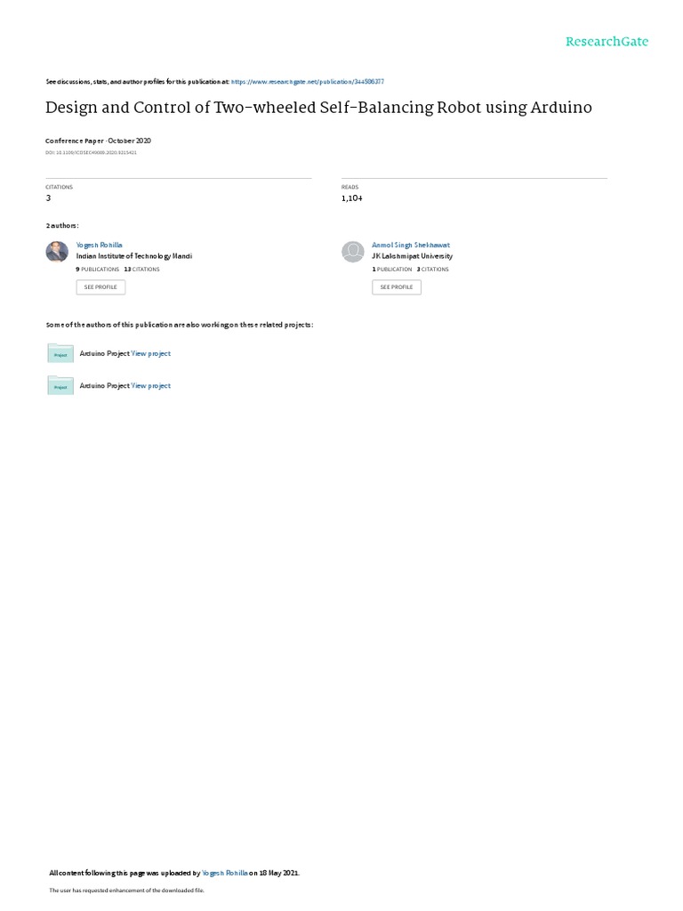 Design and Control of Two-Wheeled Self-Balancing Robot Using Arduino ...
