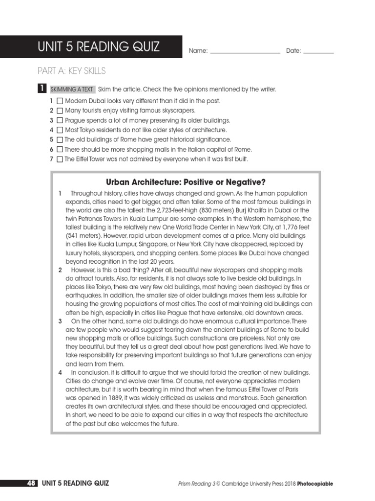 Unit 5 Reading Quiz: Part A: Key Skills | PDF | Dubai