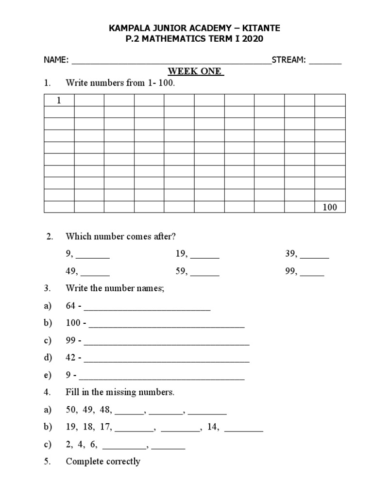 Mathematics Worksheet for Primary 2 Students Focussing on Numbers 1-100 ...
