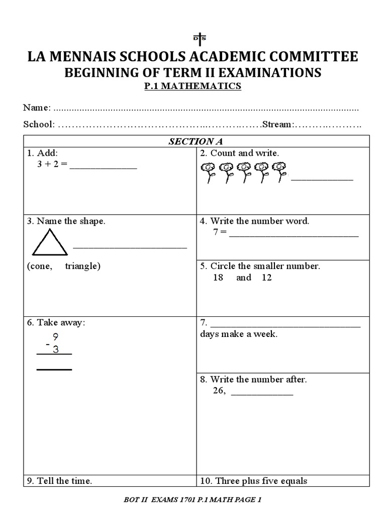 P.1 Mathematics Beginning of Term 2 Examinations La Mennais Schools ...