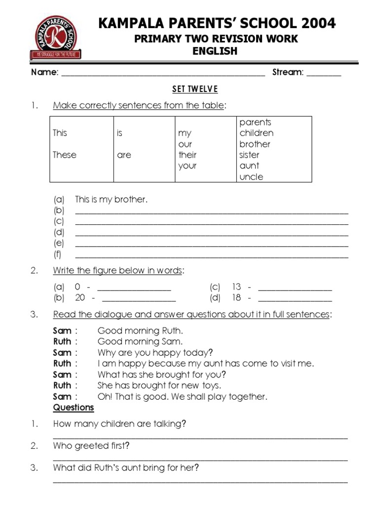 Primary Two Revision Work English | PDF