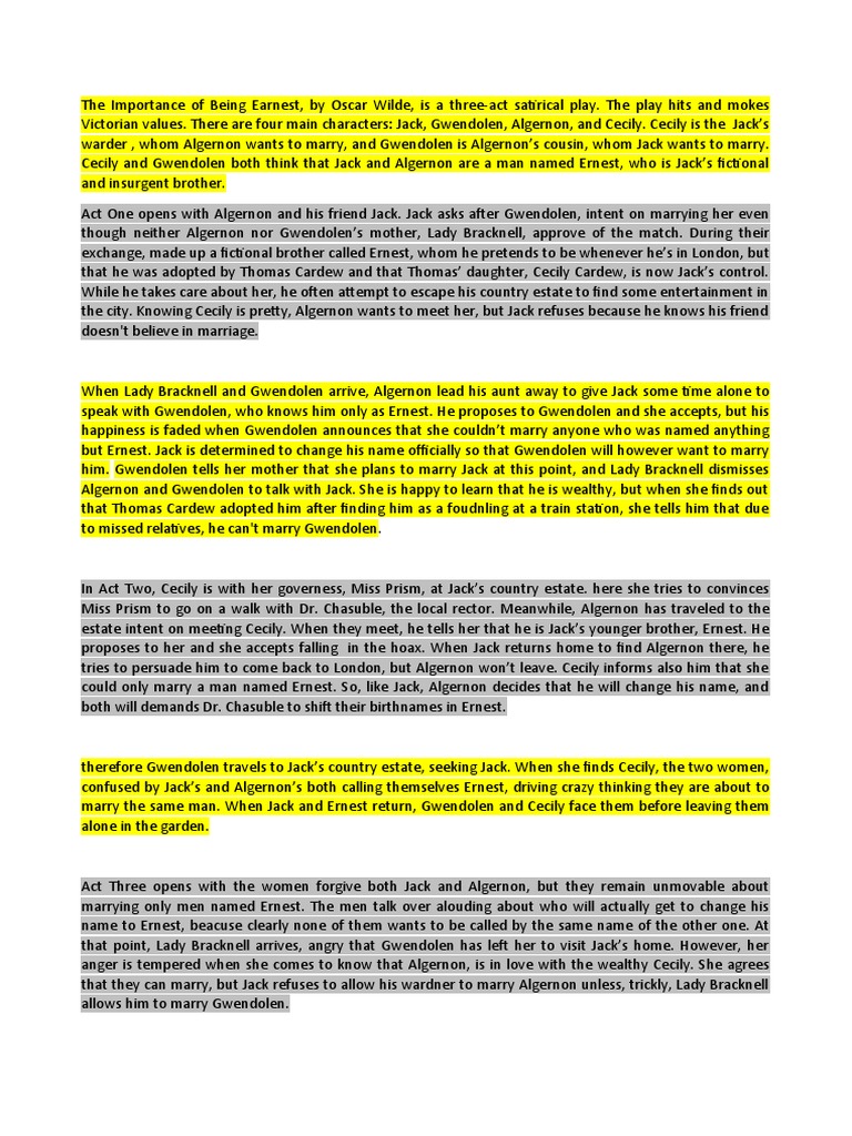 The Importance of Being Earnest Summary | PDF | The Importance Of Being ...