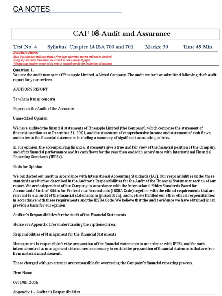 CAF 08-Audit and Assurance: Ca Notes | PDF | Financial Audit | Auditor ...