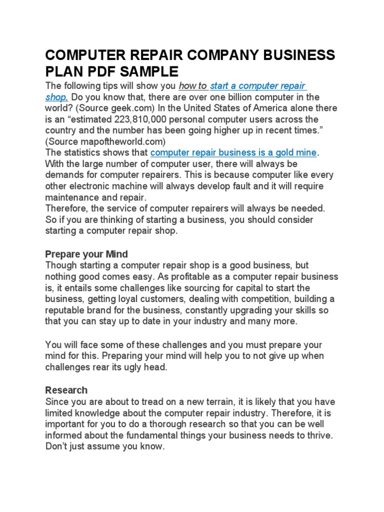 Computer Repair Company Business Plan PDF Sample | PDF | Personal ...