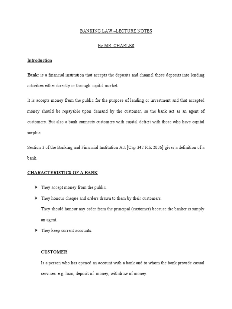 Banking Law Lecture Notes Summary | PDF | Banks | Trustee