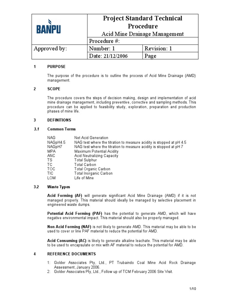 AMD SAMPLING Procedure - Draft - Dec21 - 06 | PDF | Alkalinity | Wetland