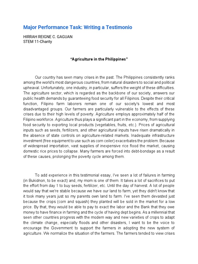 Testimonio Example | PDF | Agriculture | Food Security