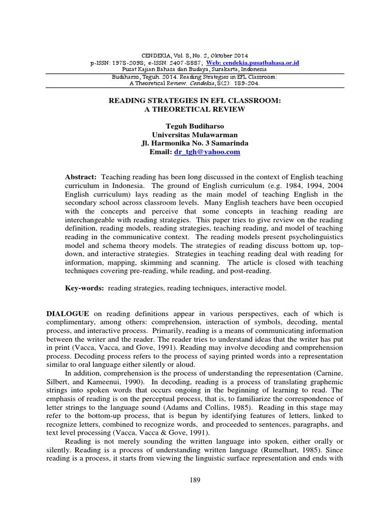 Reading Strategies in Efl Classroom A Theoretical | PDF | Reading ...