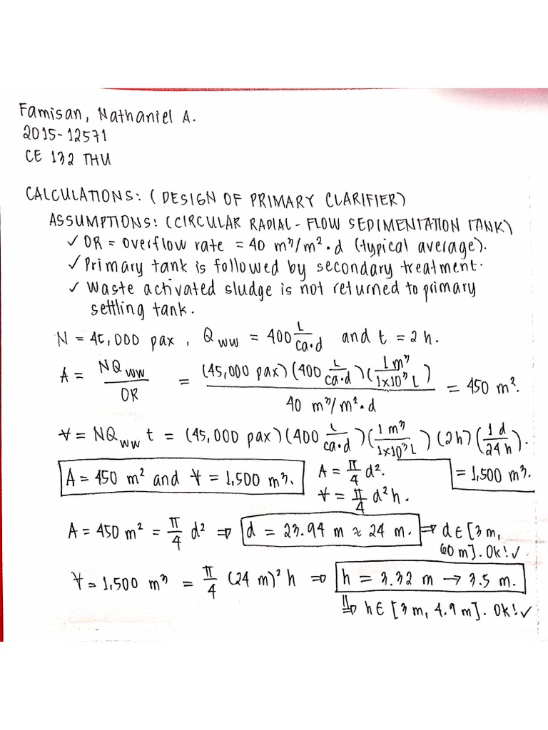 Example 6.05 Design of Primary Clarifier | PDF
