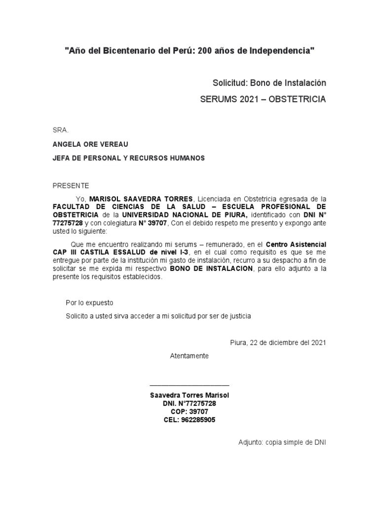 Solicitud de Bono de Instalacion - Marisol ST | PDF