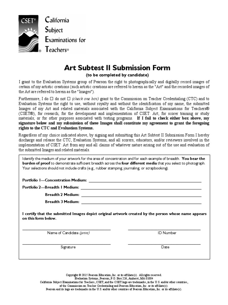 Art Subtest II Submission Form: (To Be Completed by Candidate) | PDF ...