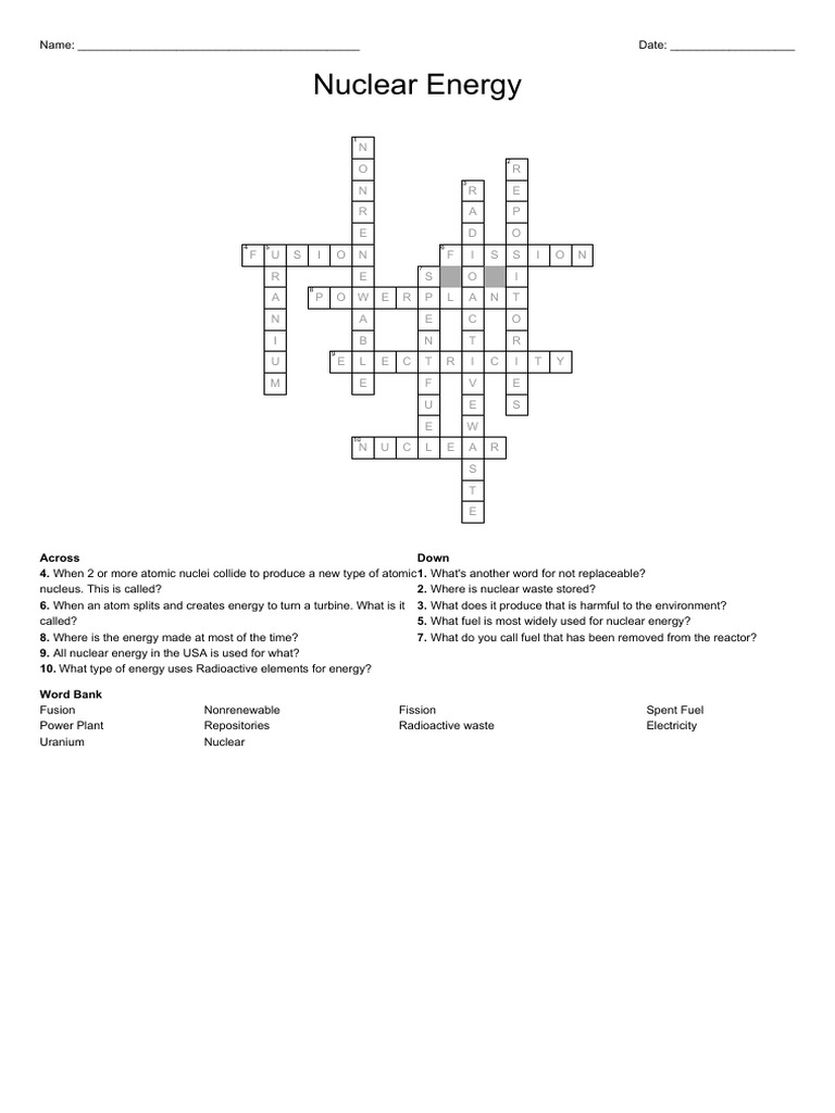 Nuclear Energy Crossword Puzzle | PDF | Nuclear Power | Radioactive Waste