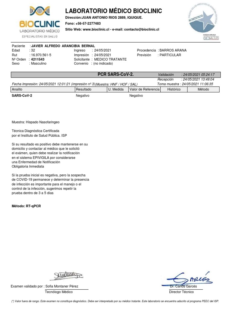 Javier Arancibia Resultados PCR | PDF