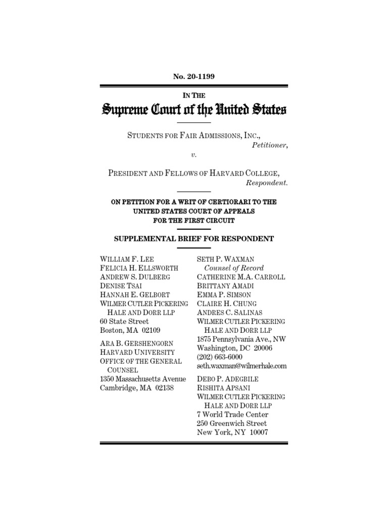 SFFA v. Harvard Supplemental Respondent Brief | PDF | Precedent | Equal ...