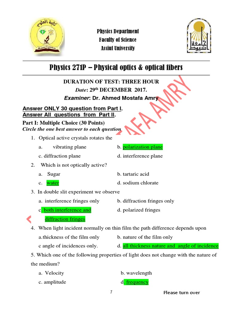 Physical Optics Final Exam Solution17 | PDF | Diffraction | Wavelength