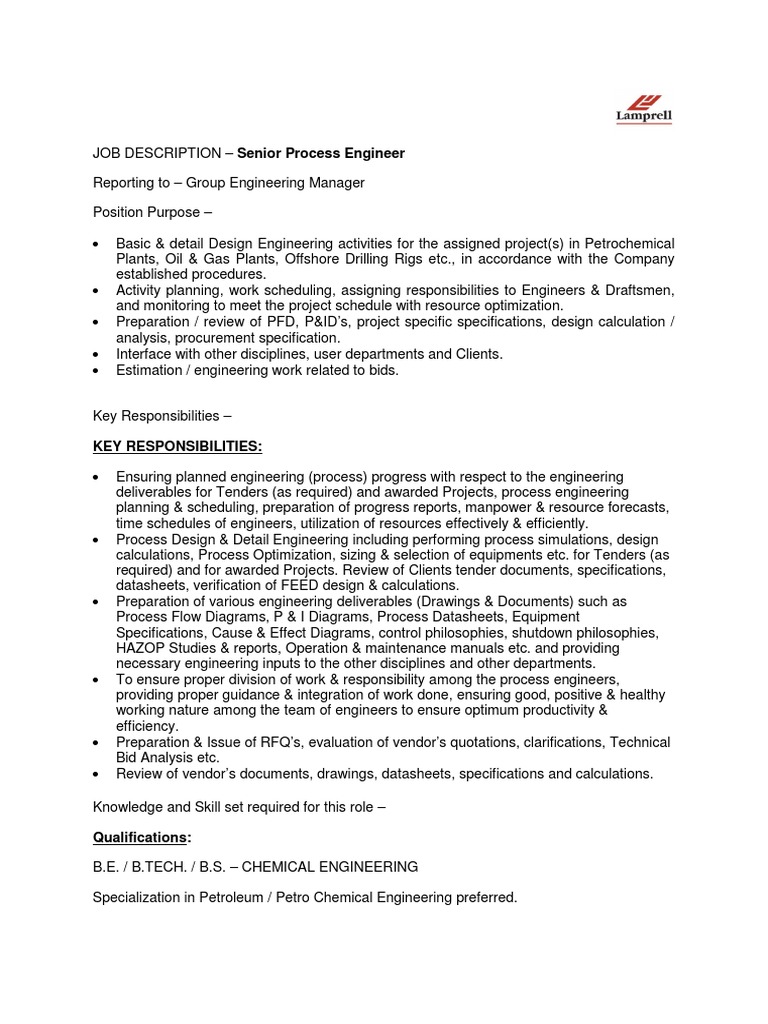 Job Description Senior Process Engineer | PDF | Engineering ...