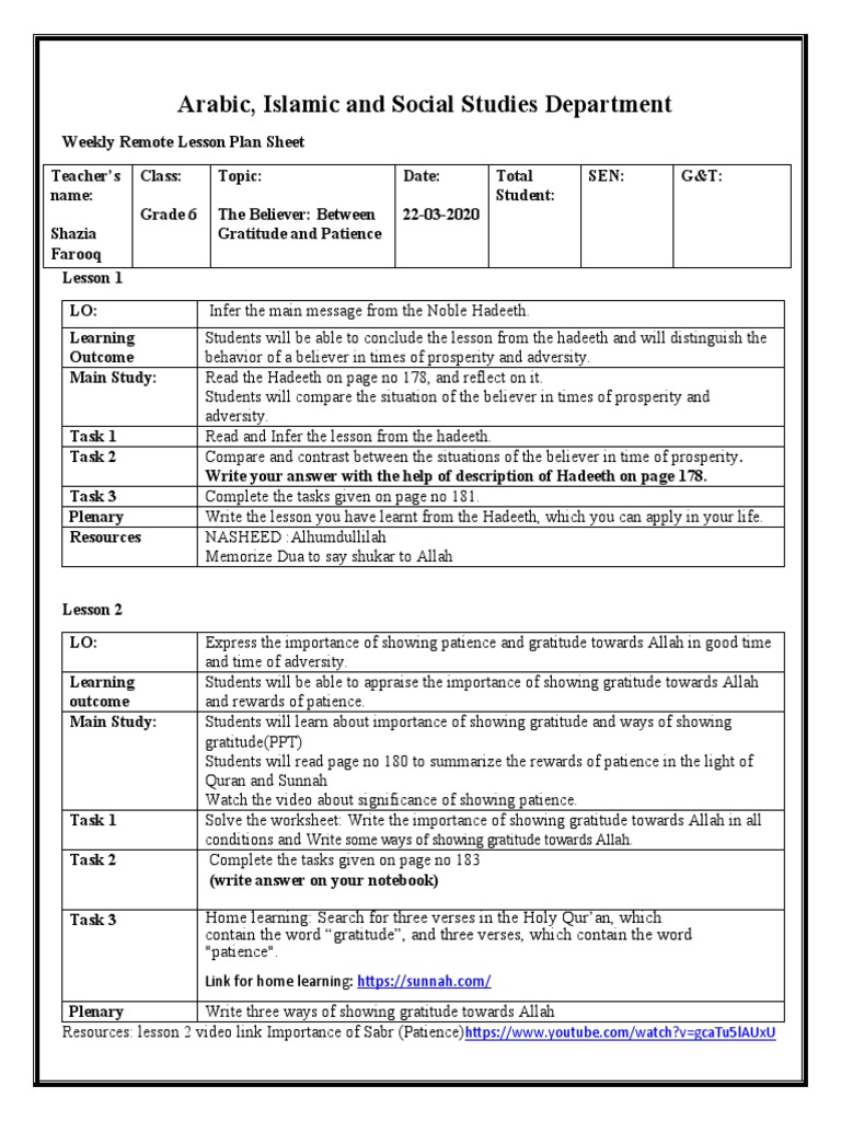 Grade 6 Lesson Plan: Gratitude & Patience | PDF | Learning | Hadith
