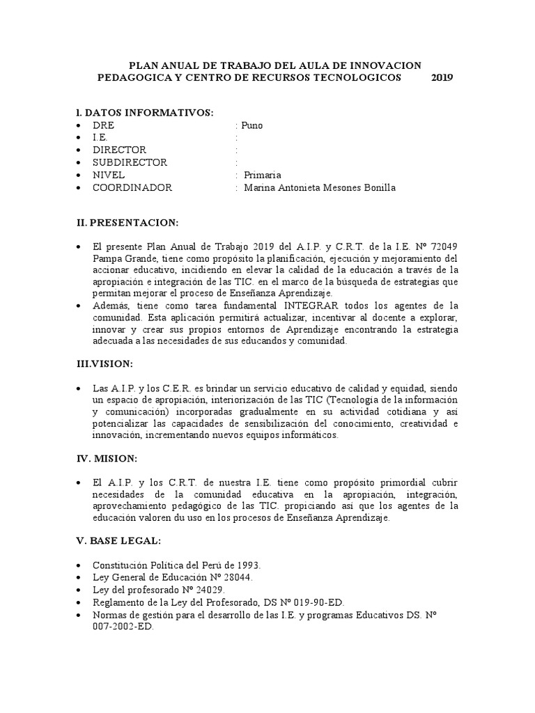 Aip - Plan Anual de Trabajo | PDF | Maestros | Tecnología de ...
