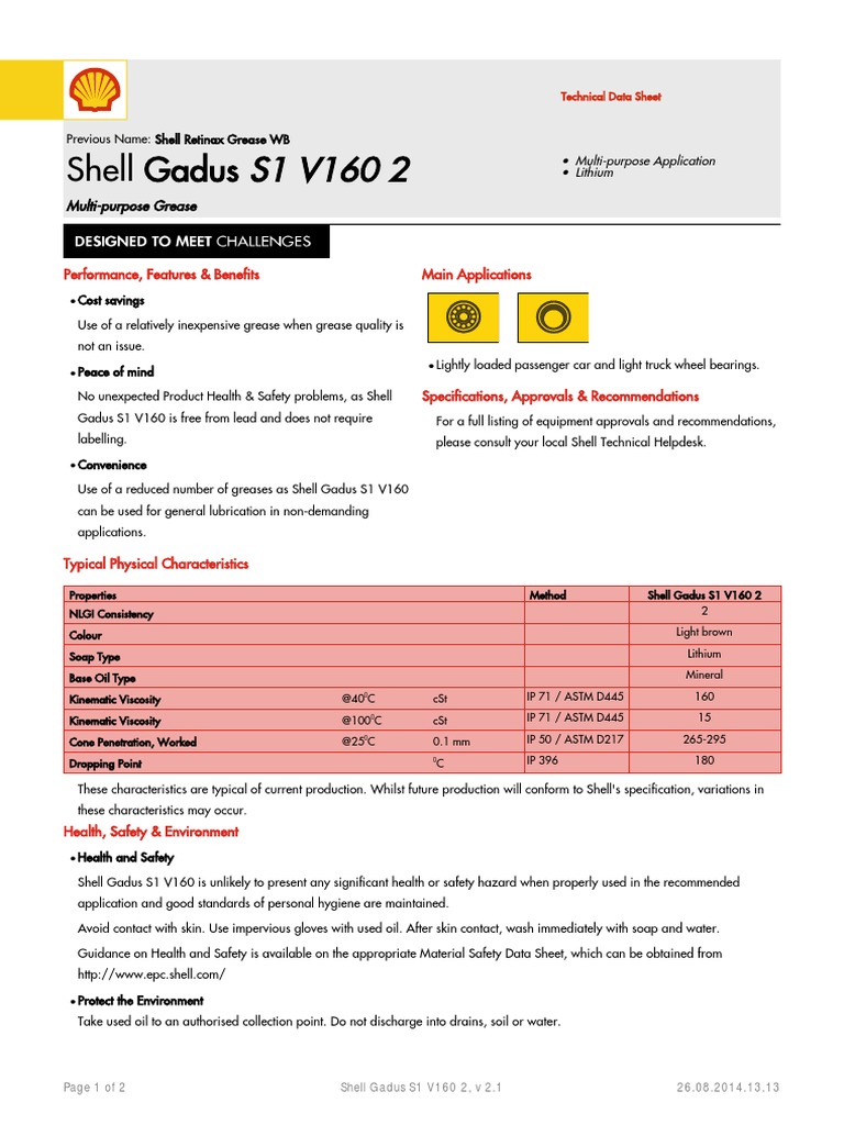 Shell Gadus S1 V160 2 Technical Data | PDF | Materials