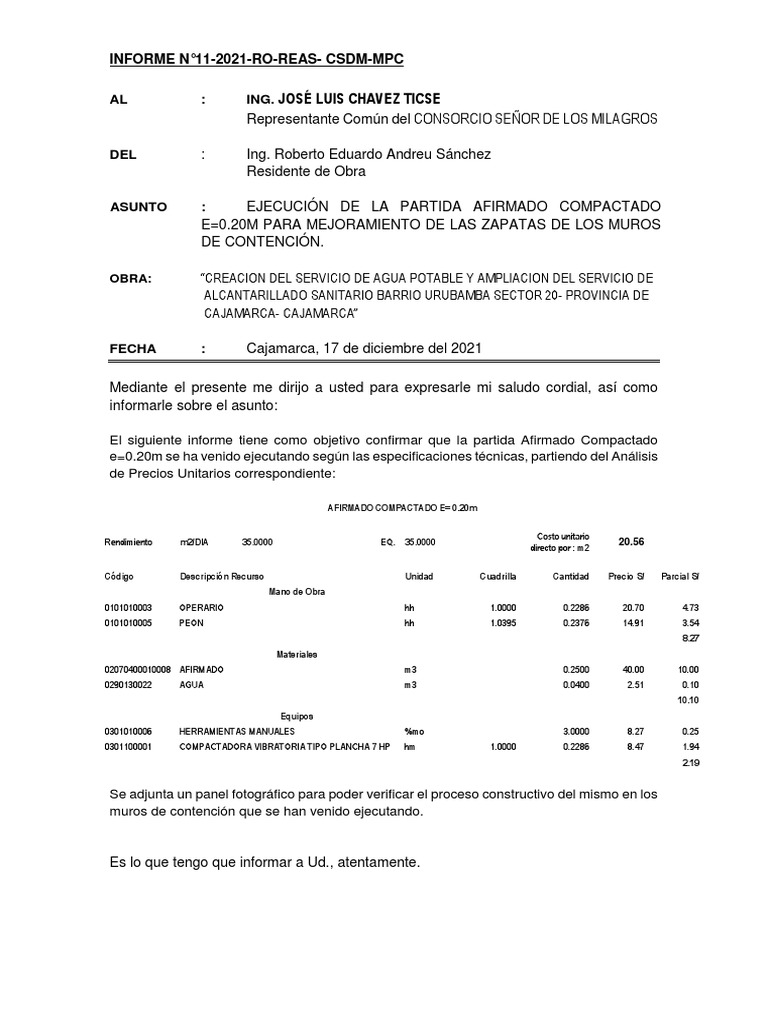 Informe Afirmado Compactado 0.20M | PDF