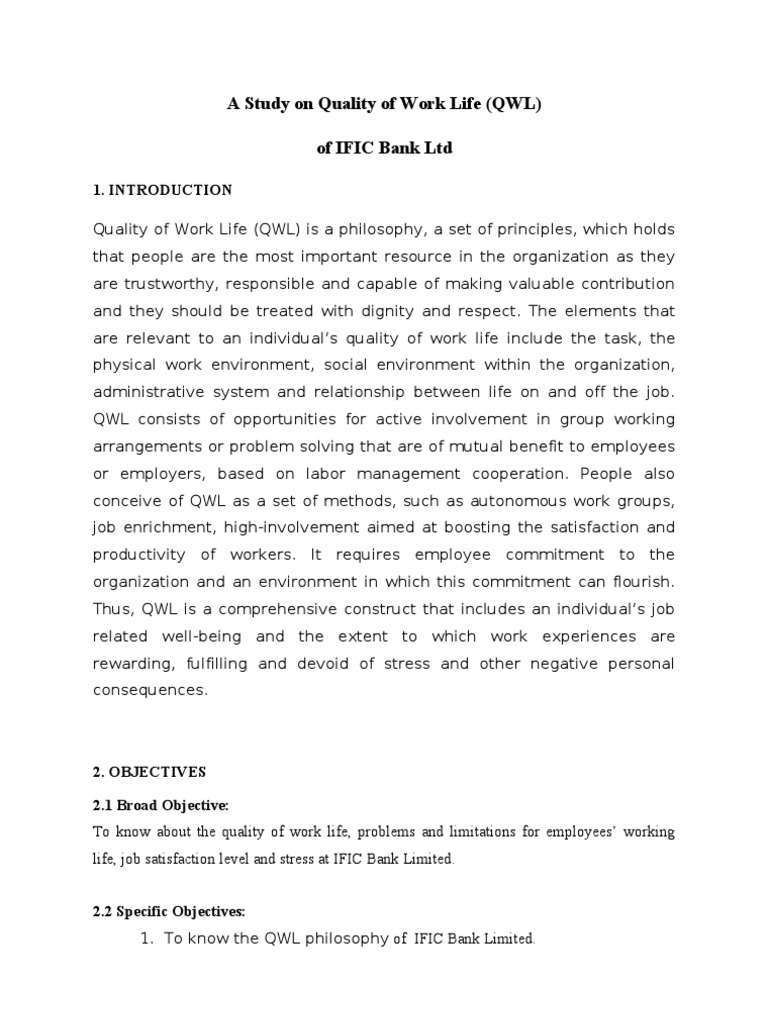 A Study On Quality of Work Life (QWL) of IFIC Bank LTD | PDF ...