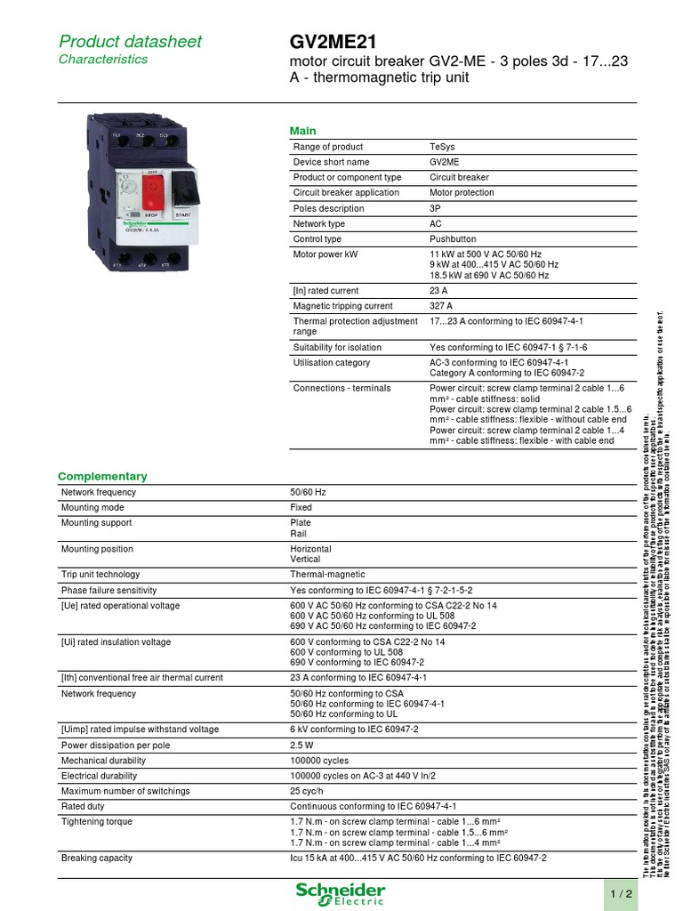 Product Datasheet for GV2ME21 Motor Circuit Breaker Providing Detailed ...