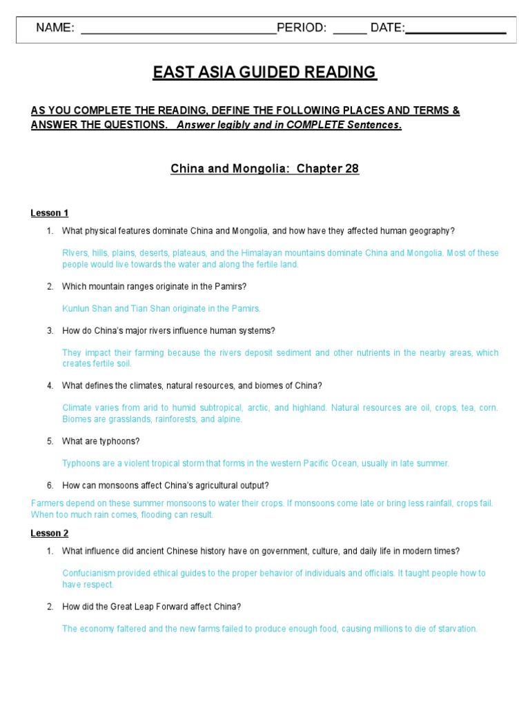 East Asia Guided Reading: China and Mongolia: Chapter 28 | PDF | China ...