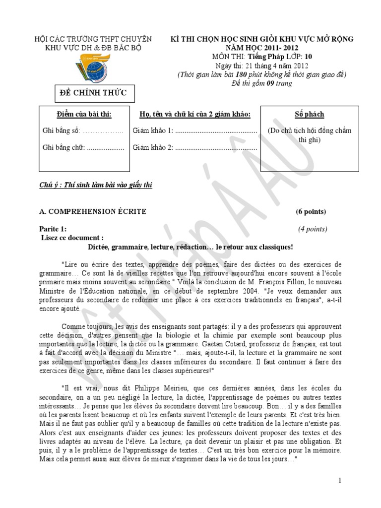 Examen de Français pour Élèves de 10e Année | PDF