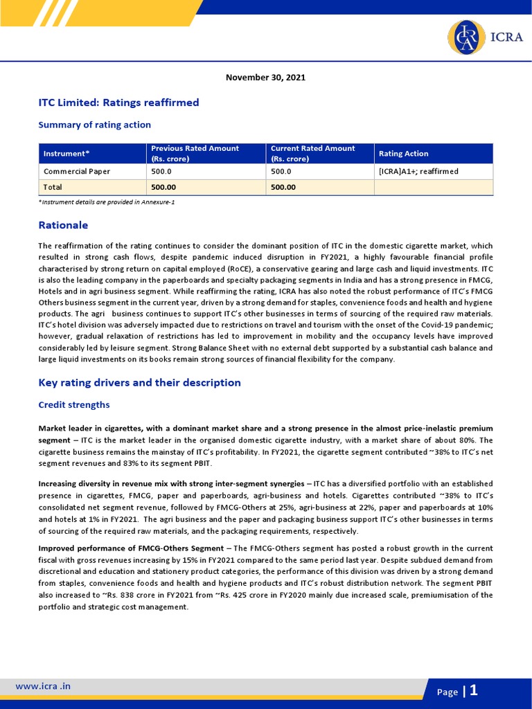 ITC Limited: Ratings Reaffirmed: Summary of Rating Action | PDF ...