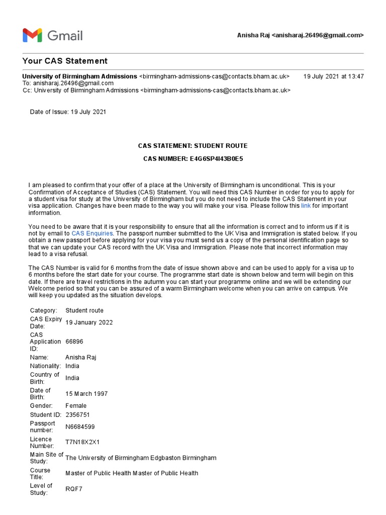Your CAS Statement: University of Birmingham Admissions | PDF | Travel ...