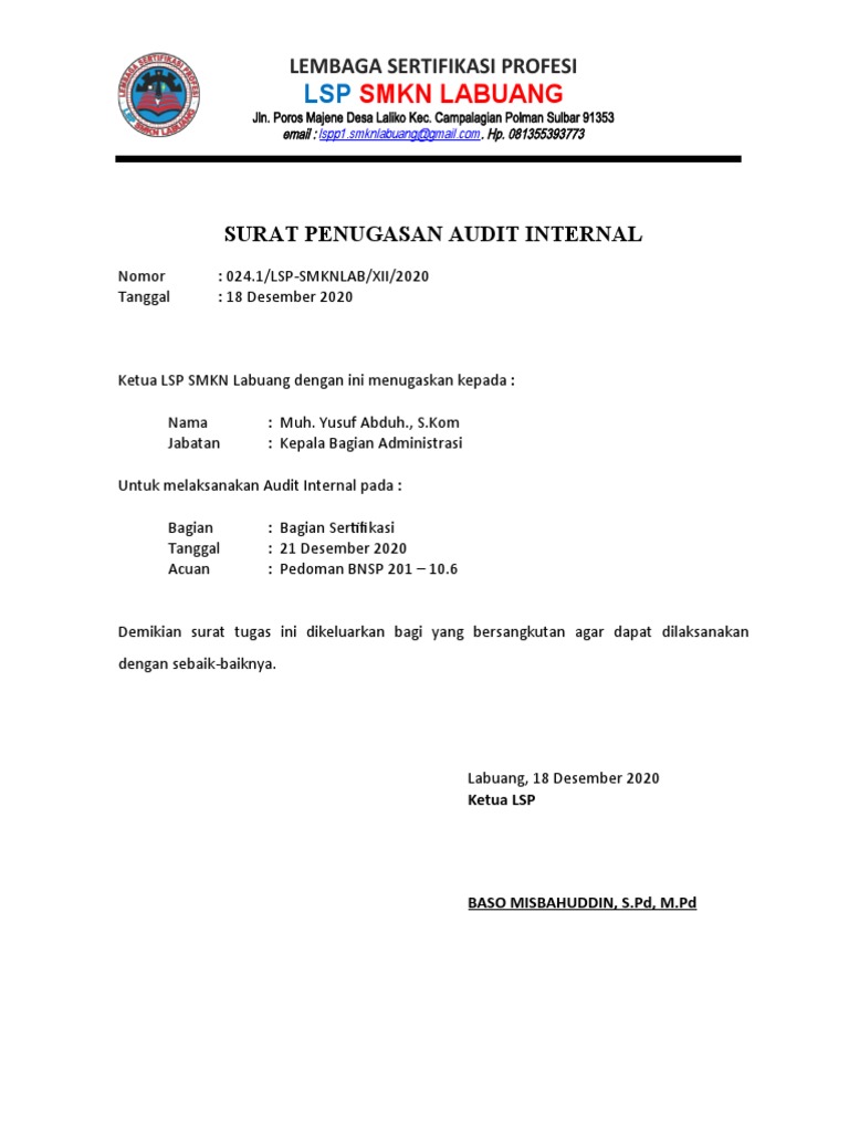 Surat Tugas Audit Internal LSP Labuang | PDF