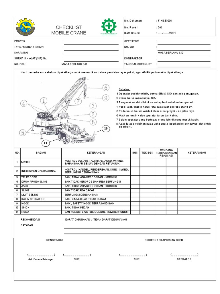 Form Checklist Inspeksi Mobile Crane | PDF