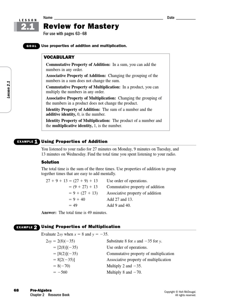 Pre-Algebra 2.1 Review Mastery | PDF | Multiplication | Pound (Mass)