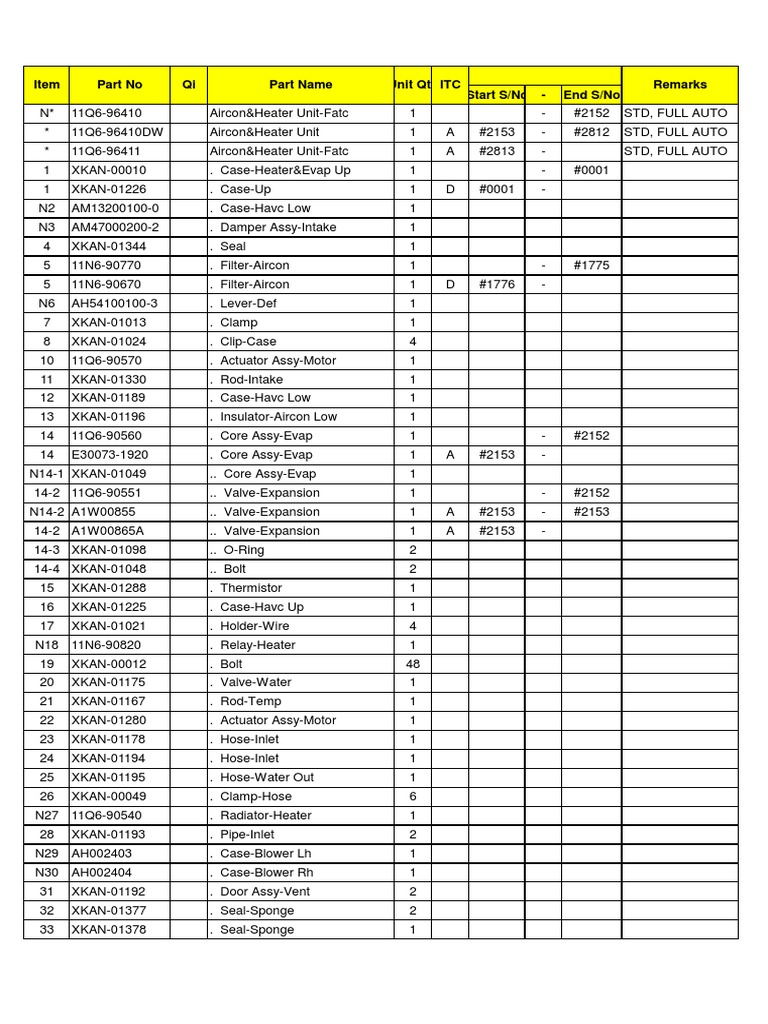 Parts List for Air Conditioning and Heating Unit Assembly with Part ...