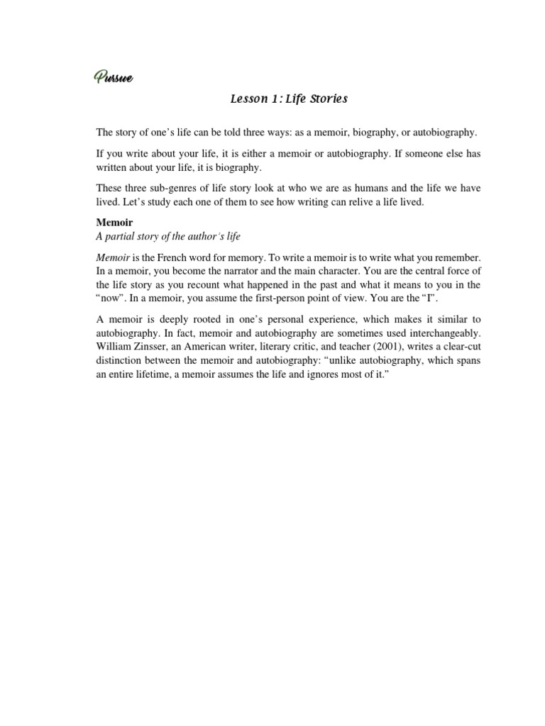Lesson 1: Life Stories: Memoir | PDF | Autobiographies | Biography