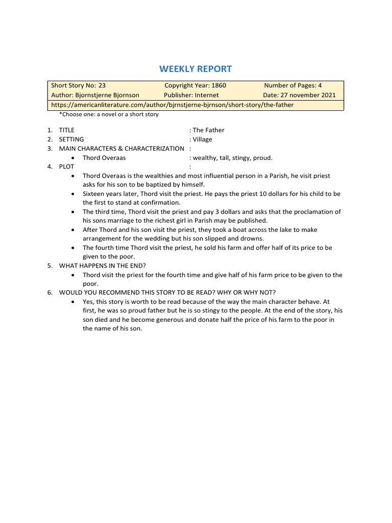 SHORT STORY 23 - The Father - Bjornstjerne Bjornson | PDF