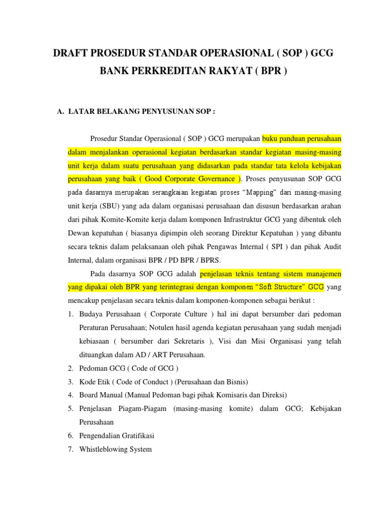 Draft Sop GCG BPR - 2019 | PDF | Bisnis