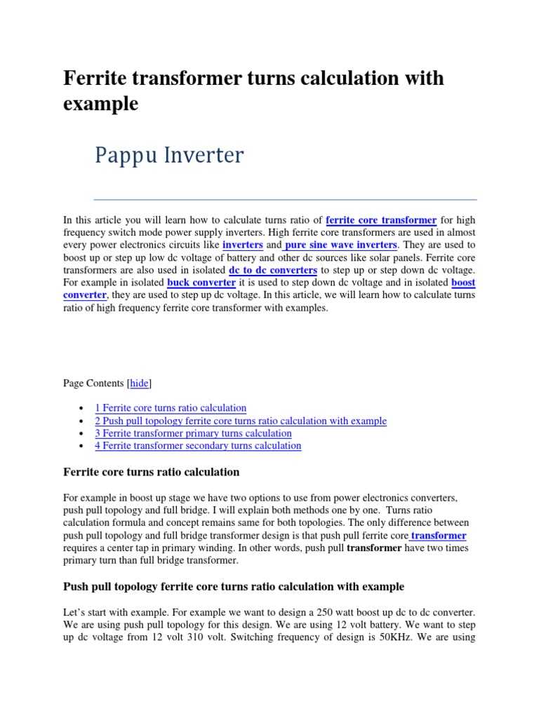 Ferrite Transformer Turns Calculation With Example | PDF | Transformer ...