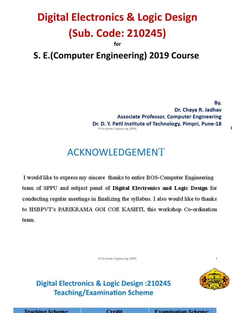 Digital Electronics & Logic Design (Sub. Code: 210245) : S. E. (Computer Engineering) 2019 ...