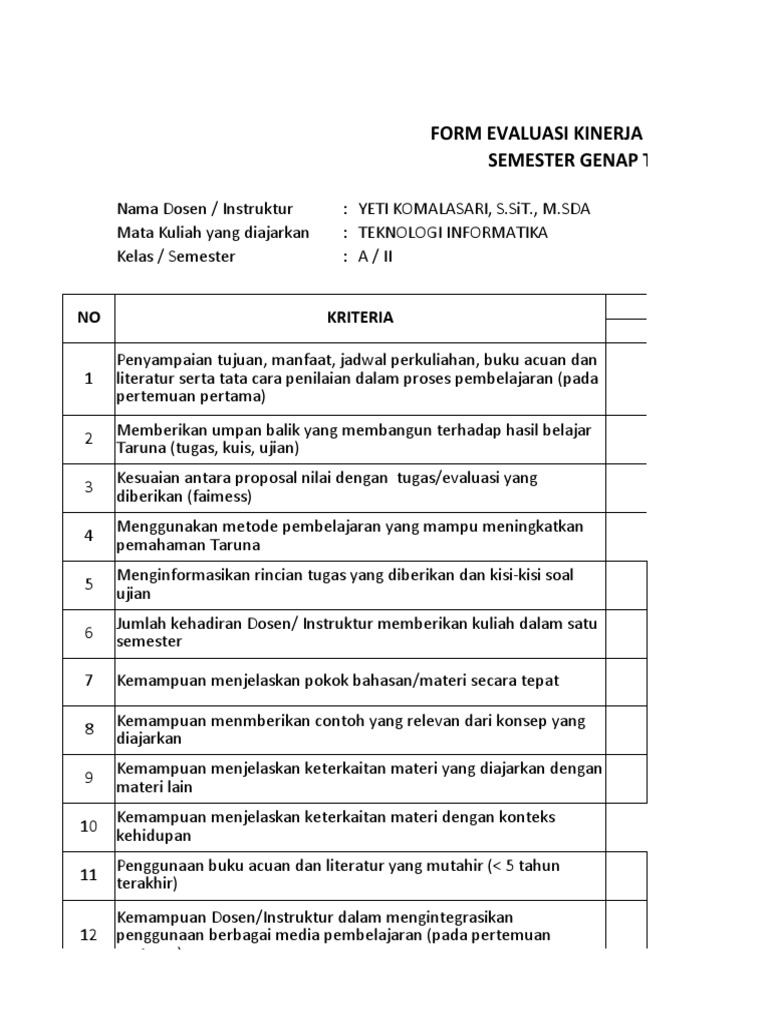 Evaluasi Dosen & Evaluasi Perkuliahan Semester Genap Ta. 2020-2021 Kelas I A - Teknika | PDF ...