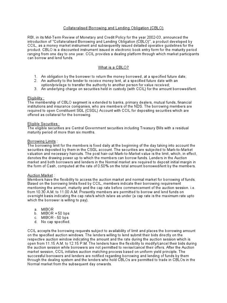 Cblo | PDF | Securities (Finance) | Reserve Bank Of India