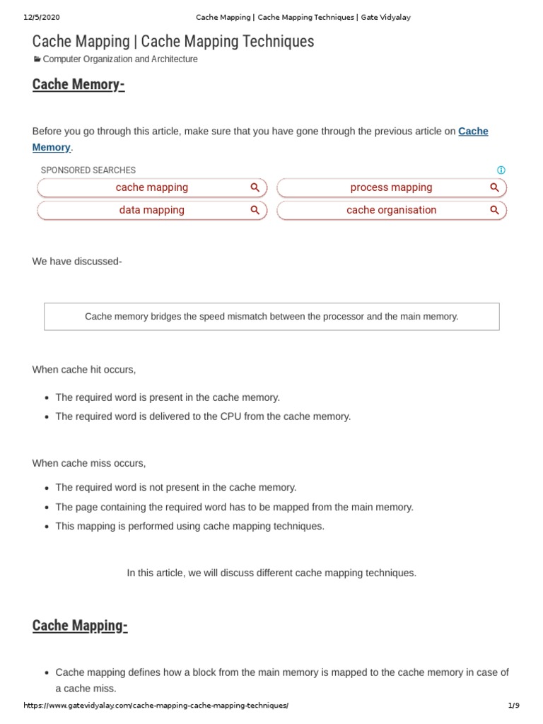 Cache Mapping - Cache Mapping Techniques - Gate Vidyalay | PDF | Cpu Cache | Cache (Computing)