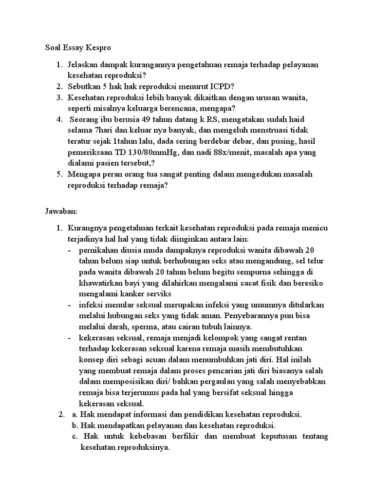 Soal Essay Kespro | PDF | Pengembangan Diri | Kesehatan Holistik
