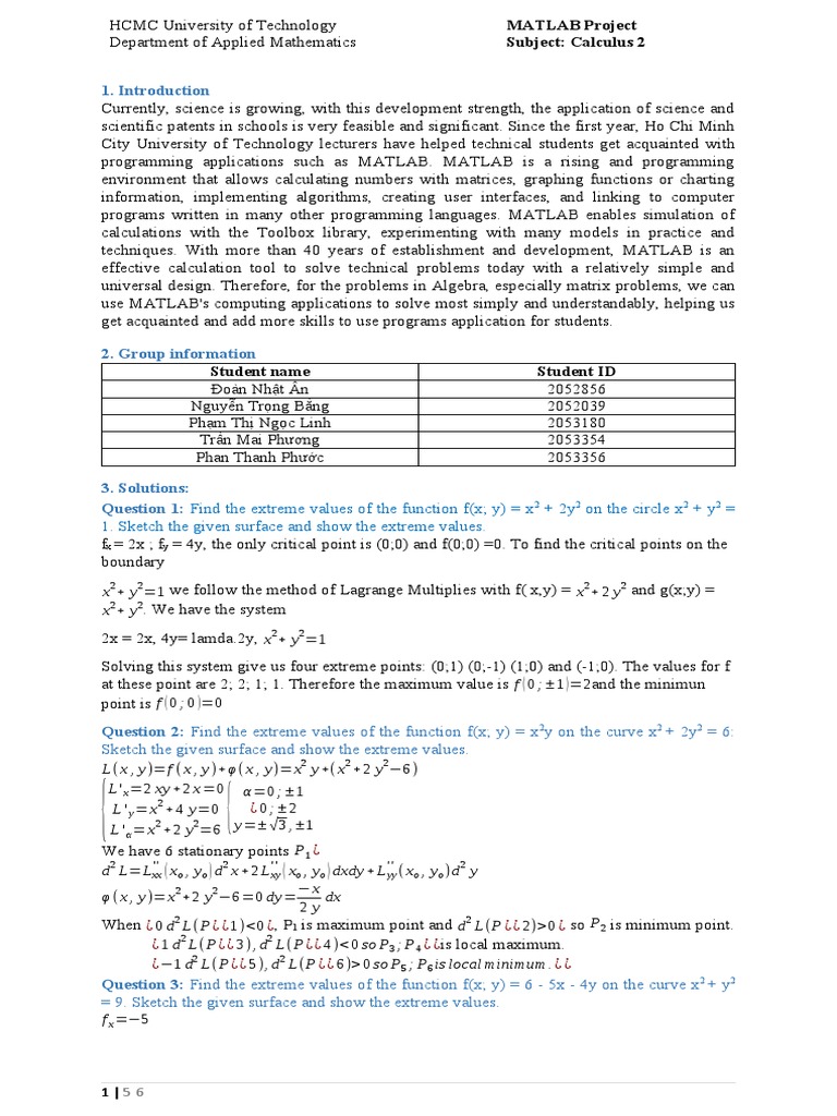 MATLAB Applications in Calculus: Finding Extreme Values of Functions ...